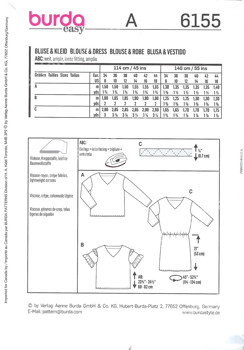 Uncut Burda Style Sewing Pattern 6155 Misses Blouse Dress Size 8-18 FF ...