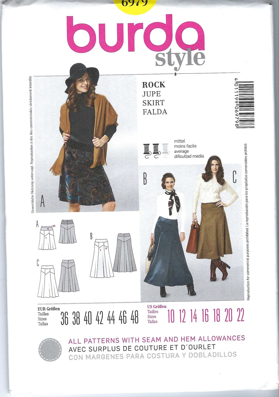 Uncut Burda Style Sewing Pattern Gored Skirt Burda 6979 Misses Size 10 ...