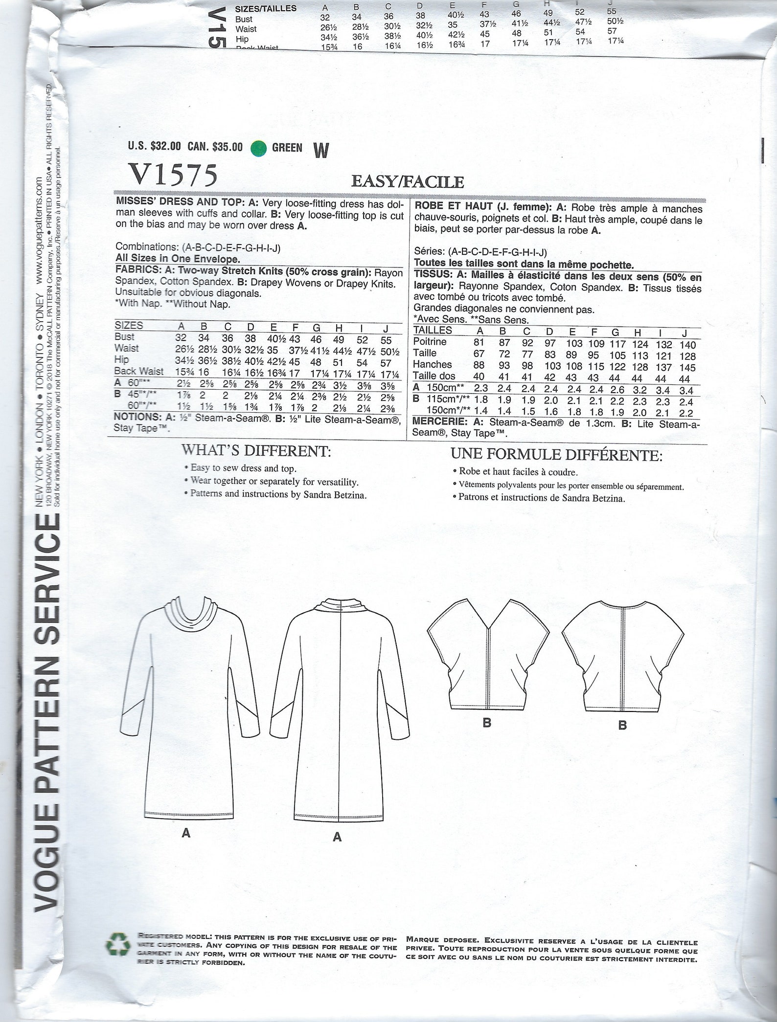 Uncut Vogue Sewing Pattern 1575 Misses' Dress and Top | Etsy