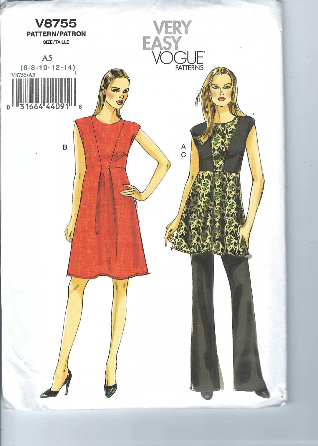 Uncut Vogue Sewing Pattern Vogue Tunic, Dress, Pants Pattern 8755, Size ...