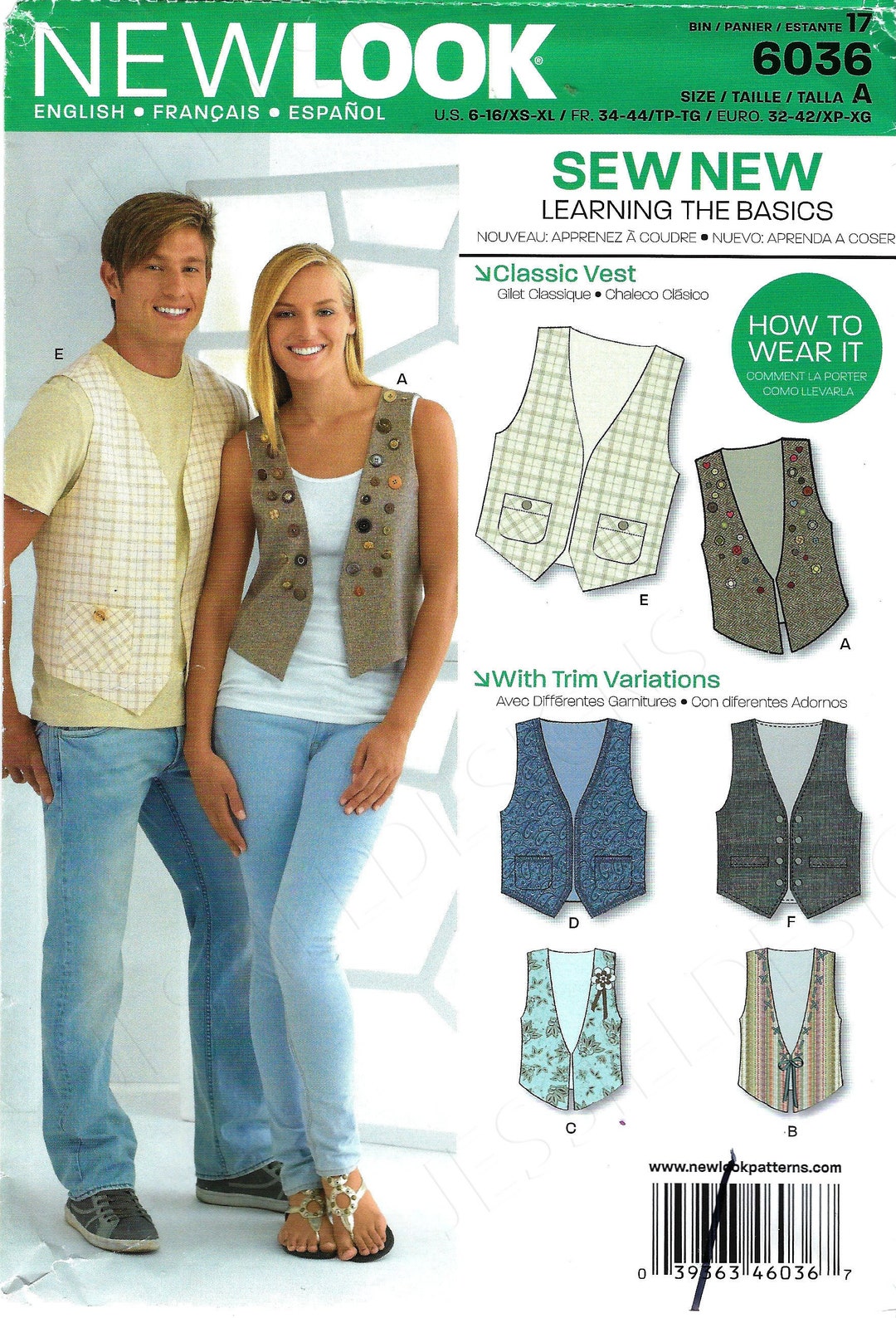 Uncut New Look Sewing Pattern 6036 Classic Vest With Trim Variations ...