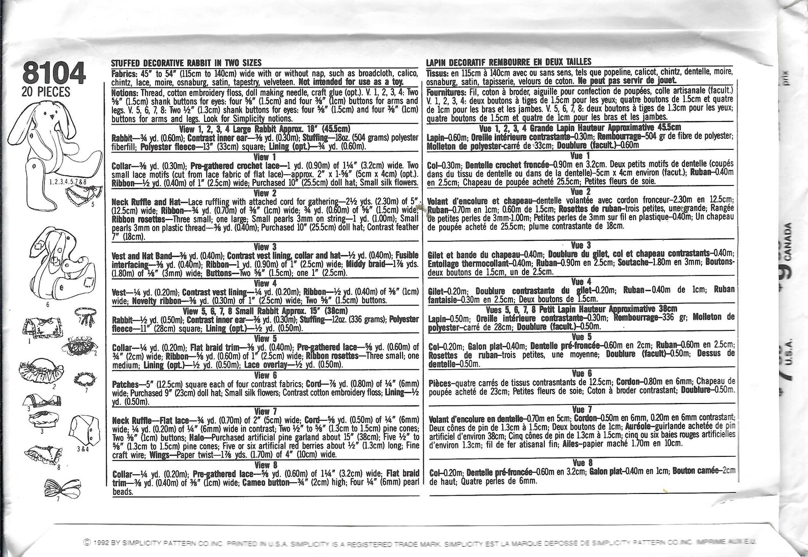 Uncut Vintage Simplicity Sewing Pattern 8104 Bunny Doll With - Etsy UK