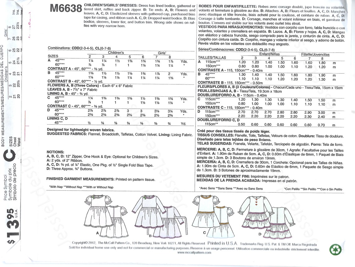 Uncut Mccall's Sewing Patterns 6638 Girls Dresses Sewing Pattern, Waist ...