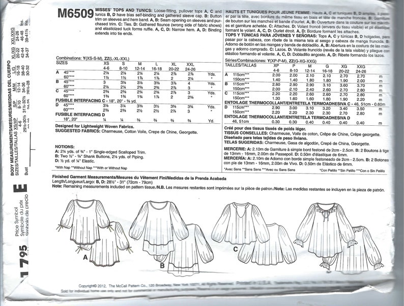 Uncut Mccall's Sewing Pattern 6509 Sewing Pattern for Misses Easy Pullover Tops and Tunics With ...