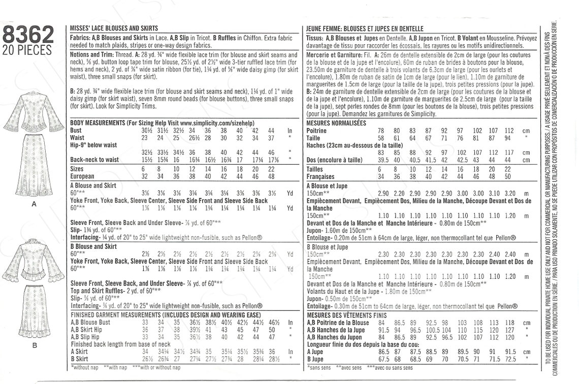 Uncut Simplicity Sewing Pattern 8362 Misses' Lace Blouse - Etsy