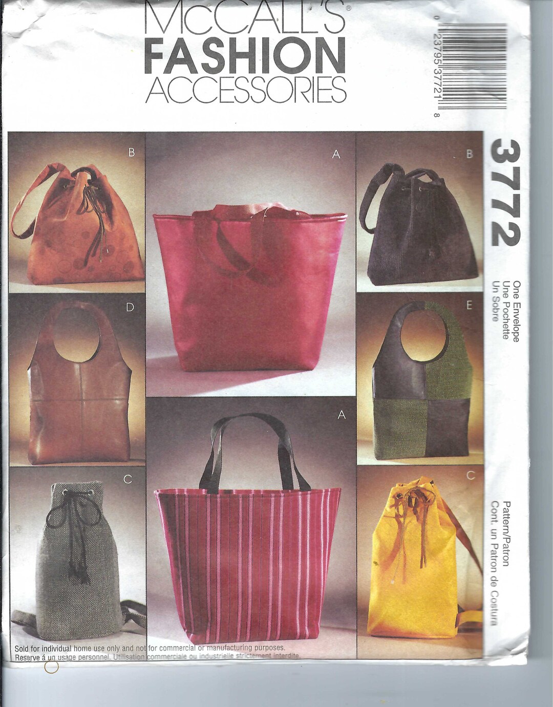 Uncut Mccalls Sewing Pattern 490 3772 / Mccalls 383 Sewing Pattern Tote ...