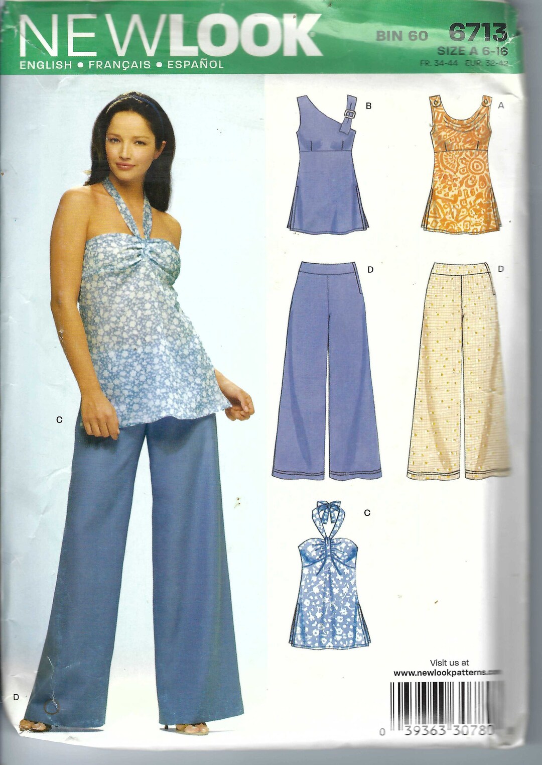 New Look Sewing Pattern 6713 Halter TOPS Sleeveless Tops PANTS 6-16 ...