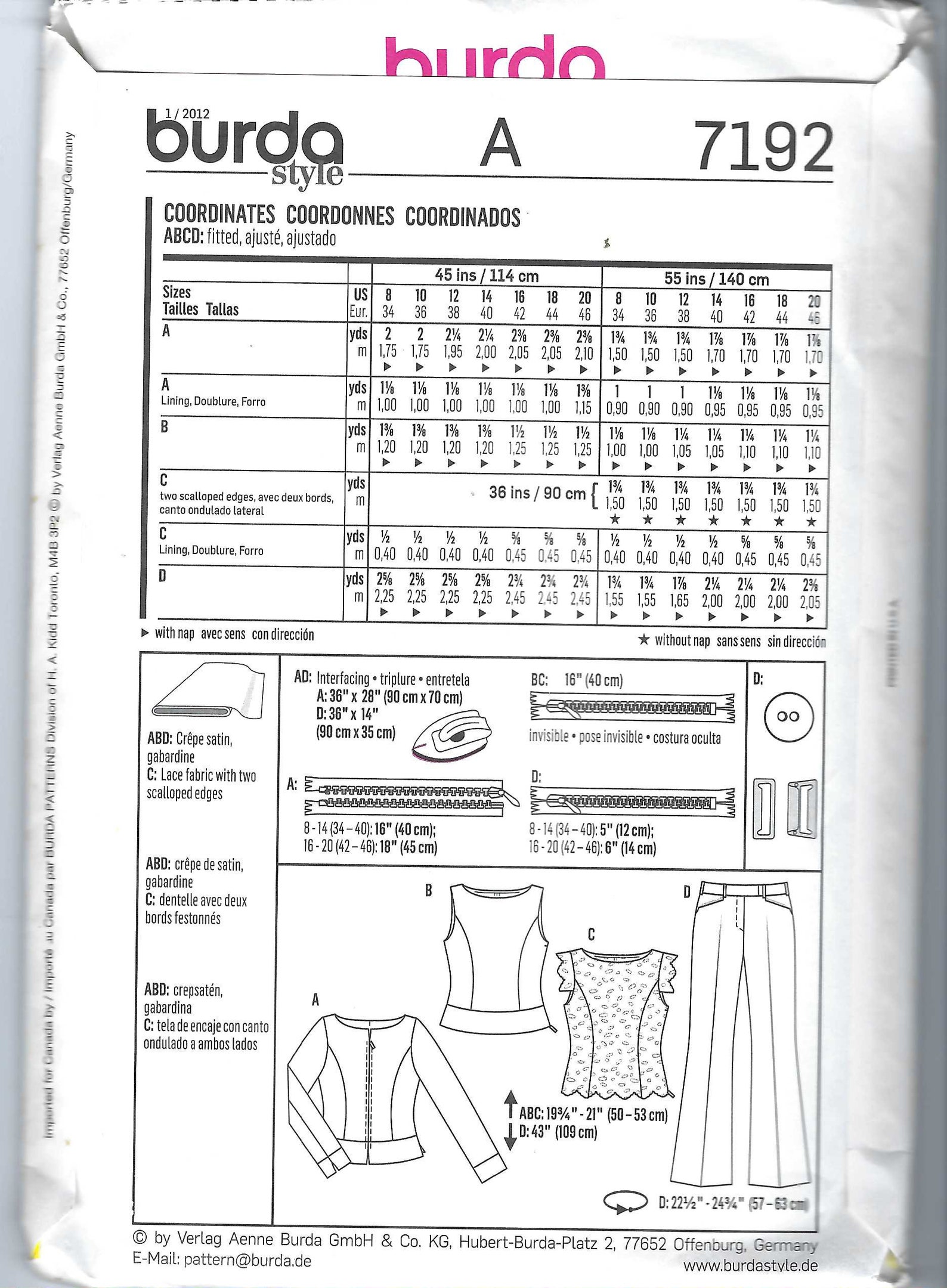 FF Burda Style Sewing Pattern 7192 Wardrobe Coordinates Size - Etsy