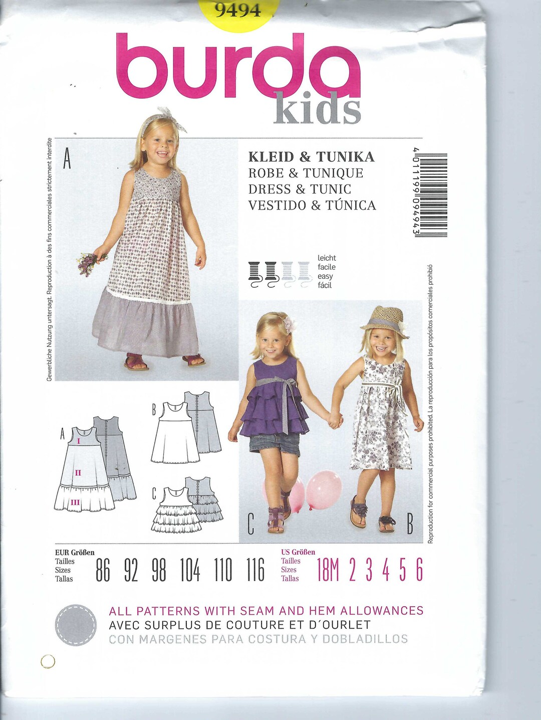 Uncut Burda Sewing Pattern 9494 Size 18 Months - 6 Yrs Children's Girl ...