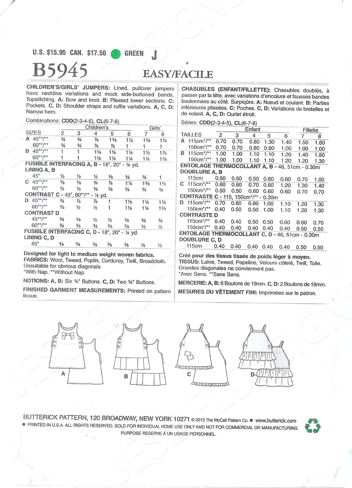 Uncut BUTTERICK Sewing PATTERNS 5945 Girl's Pullover - Etsy