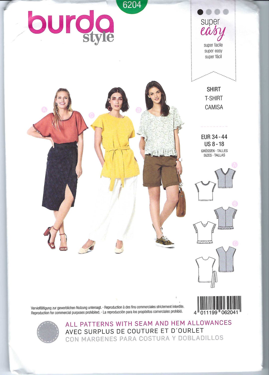 Uncut Burda Sewing Pattern 6204 Misses Tops, Tunics Size 8-18 FF - Etsy