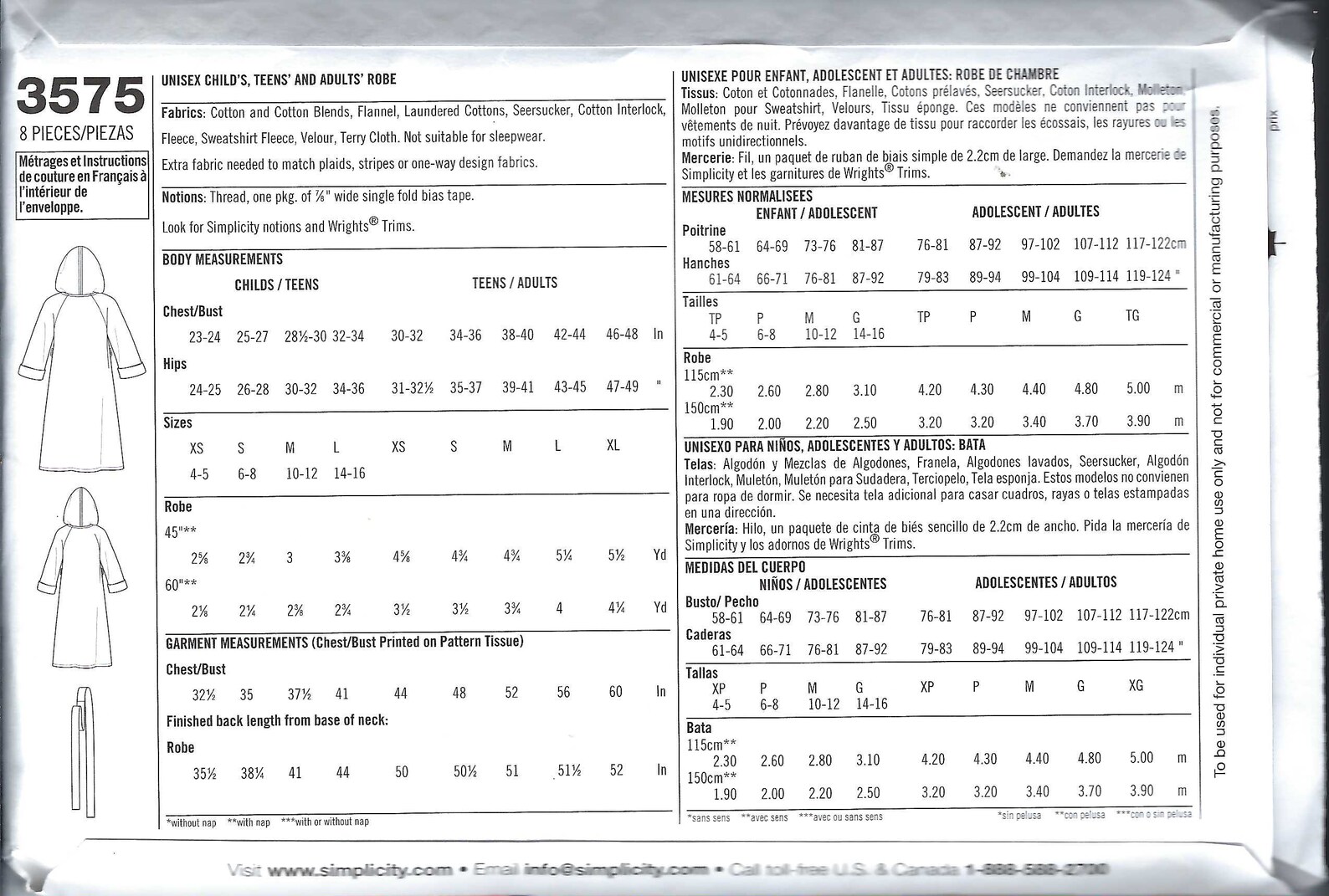 Uncut Simplicity Sewing Pattern 3575 Unisex Child, Teen and Adult Robe With Hood, Patch Pockets ...