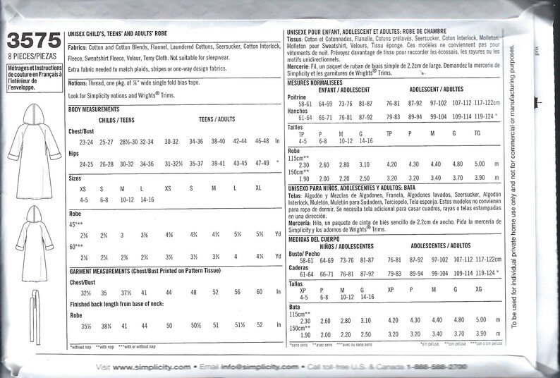 Uncut Simplicity Sewing Pattern 3575 Unisex Child, Teen and Adult Robe With Hood, Patch Pockets ...