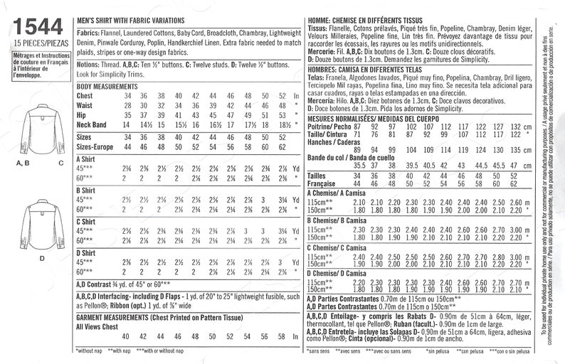 Uncut Simplicity Pattern 1544 AA Traditional Men's Shirt With Fabric ...