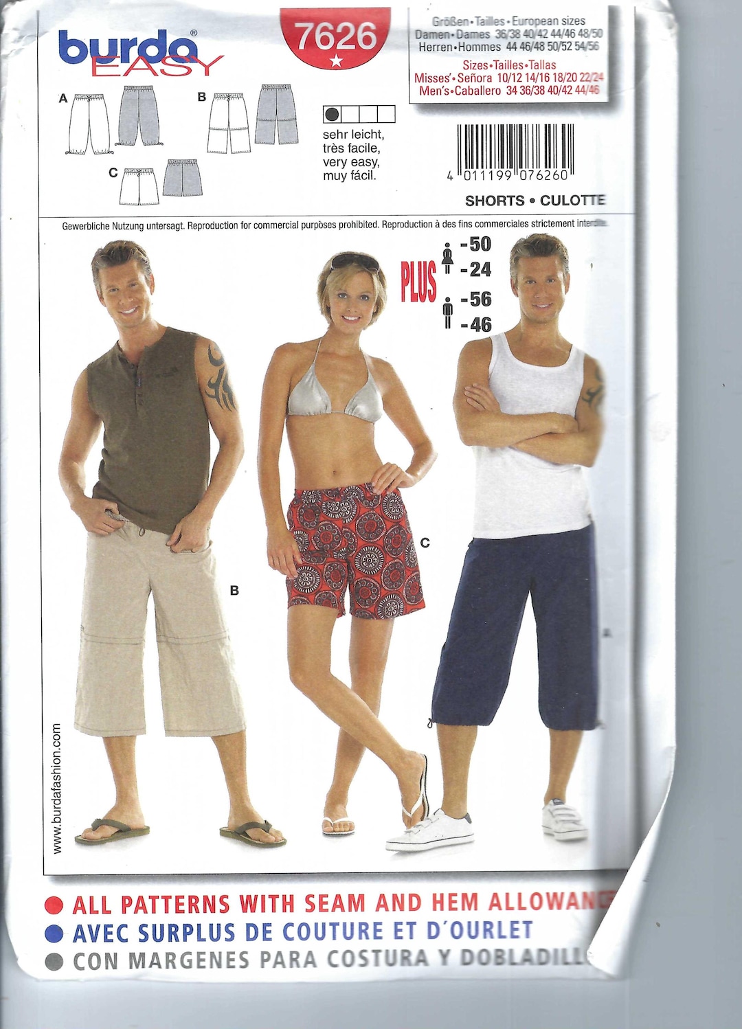 Uncut Burda Sewing Pattern 7626 Misses’ Shorts Culottes Sz 10-24 Men’s ...
