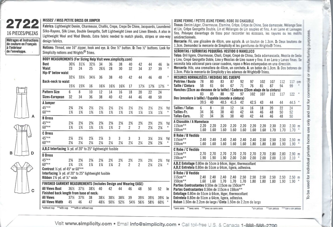 Uncut Simplicity Sewing Pattern 2722 Size 6 8 10 12 14 | Etsy