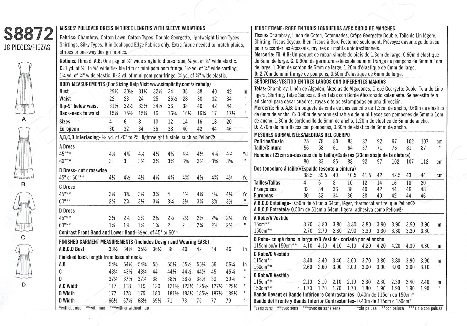 Uncut Simplicity 10115 S8872 8872 Sewing Pattern Misses Pullover Dress ...