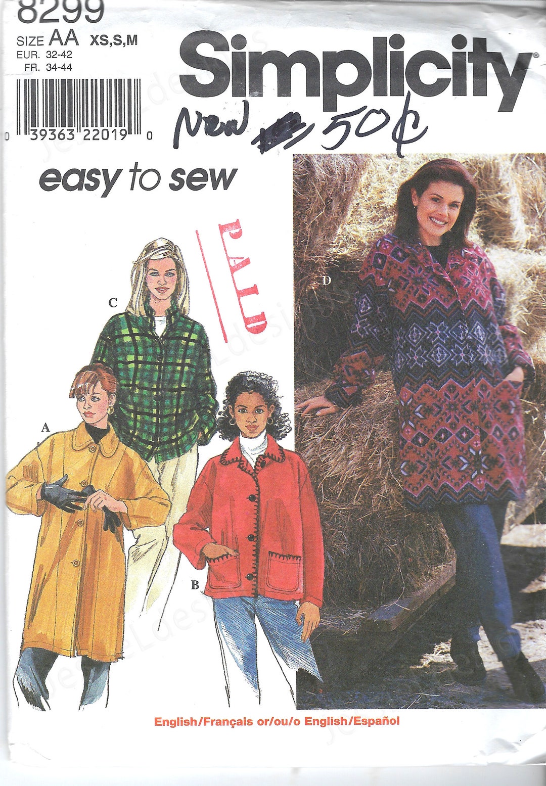 Uncut Vintage Simplicity Sewing Pattern 8299 Easy to Sew Oversized Front Button Shirt Jacket in ...