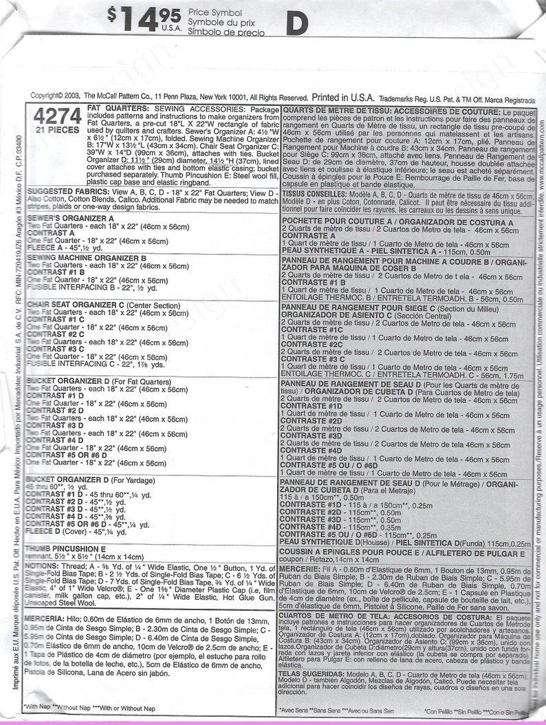 Uncut Mccalls Sewing Pattern 4274 Fat Quarters Sewing Accessories ...