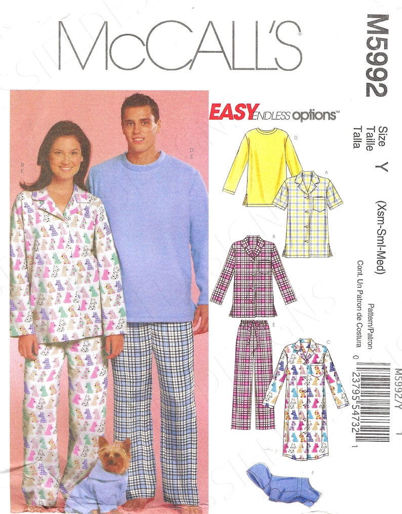 Uncut Mccalls Sewing Pattern 5992, Men's Pjs, Misses Pjs,size XS-S-M L ...