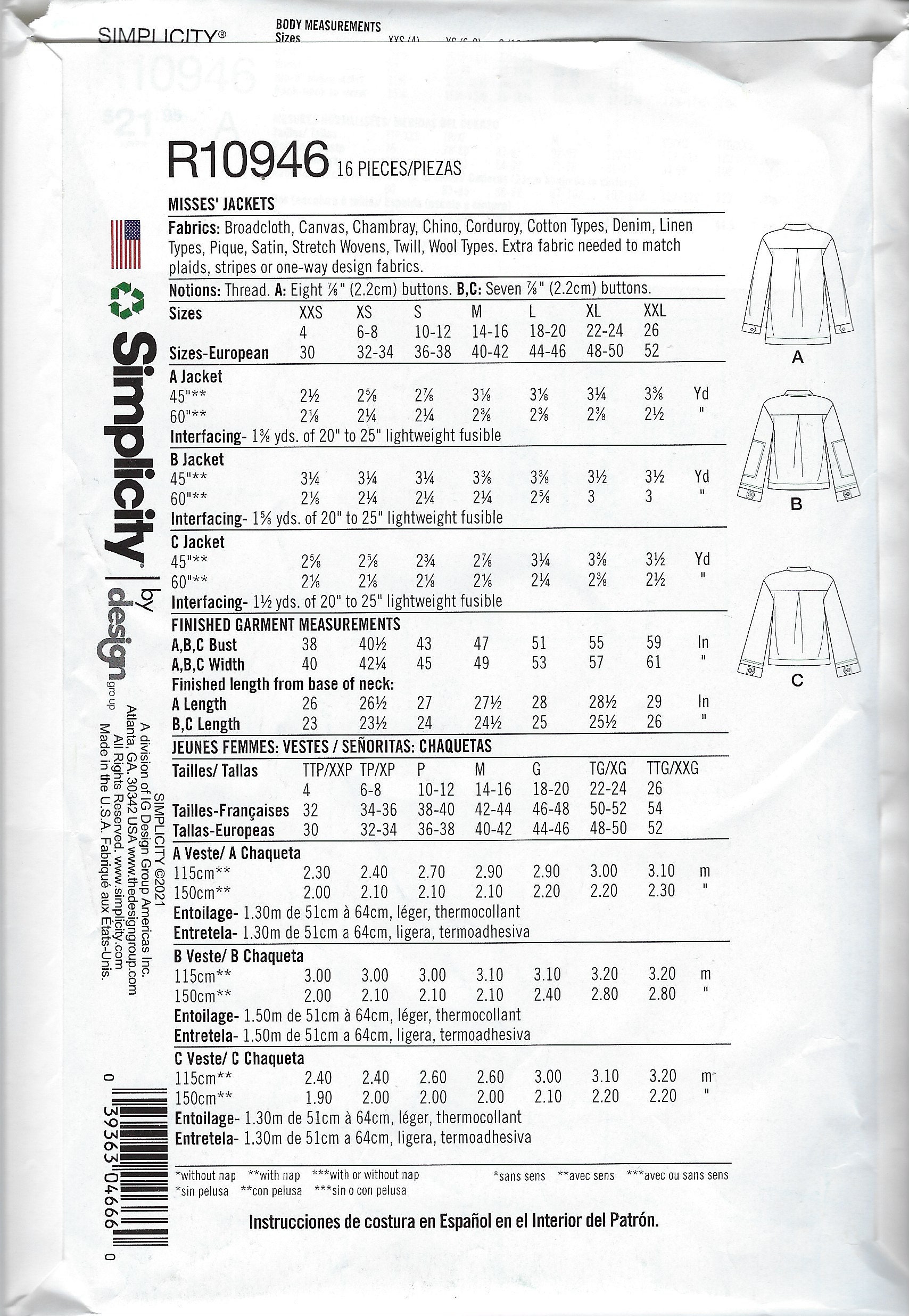 Uncut Simplicity Sewing Pattern 10946 9239 Misses' Jacket Sewing ...
