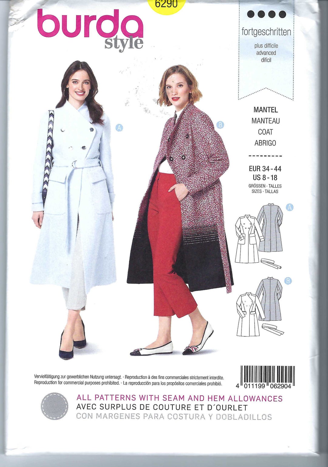 Uncut Burda Sewing Pattern 6290 Coat - Redingote-style Coats Size 8-18 ...