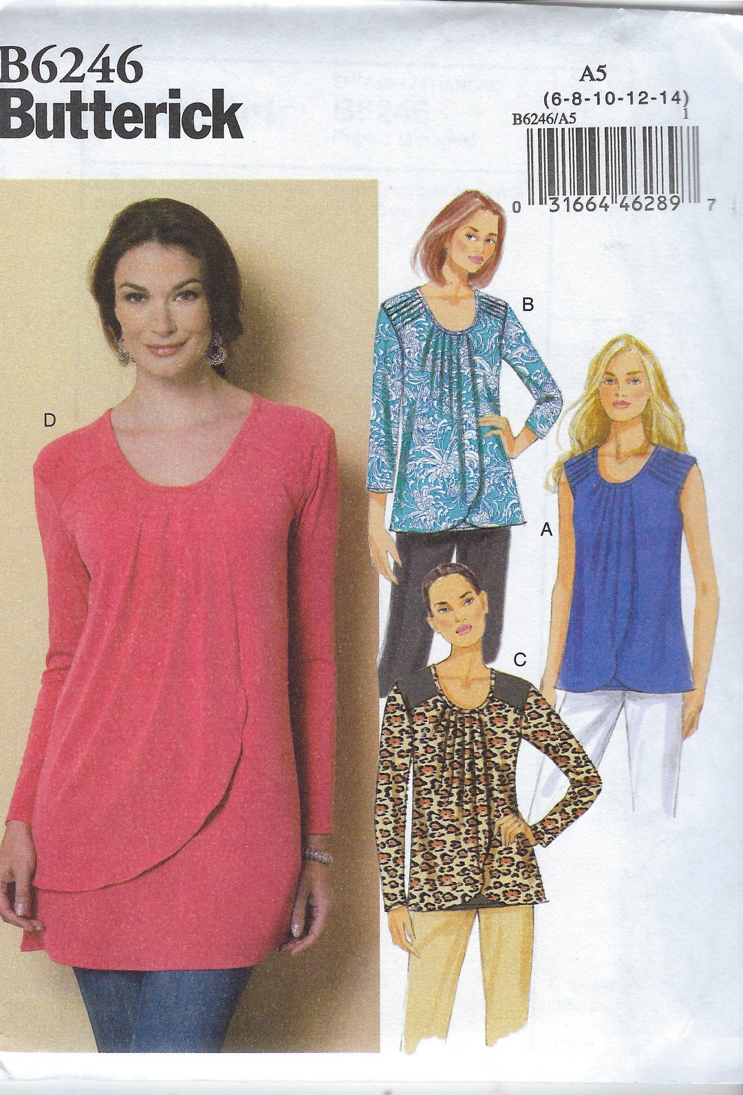 Uncut Butterick Sewing Pattern 6246 Tops & Tunic W Draped Overlay ...