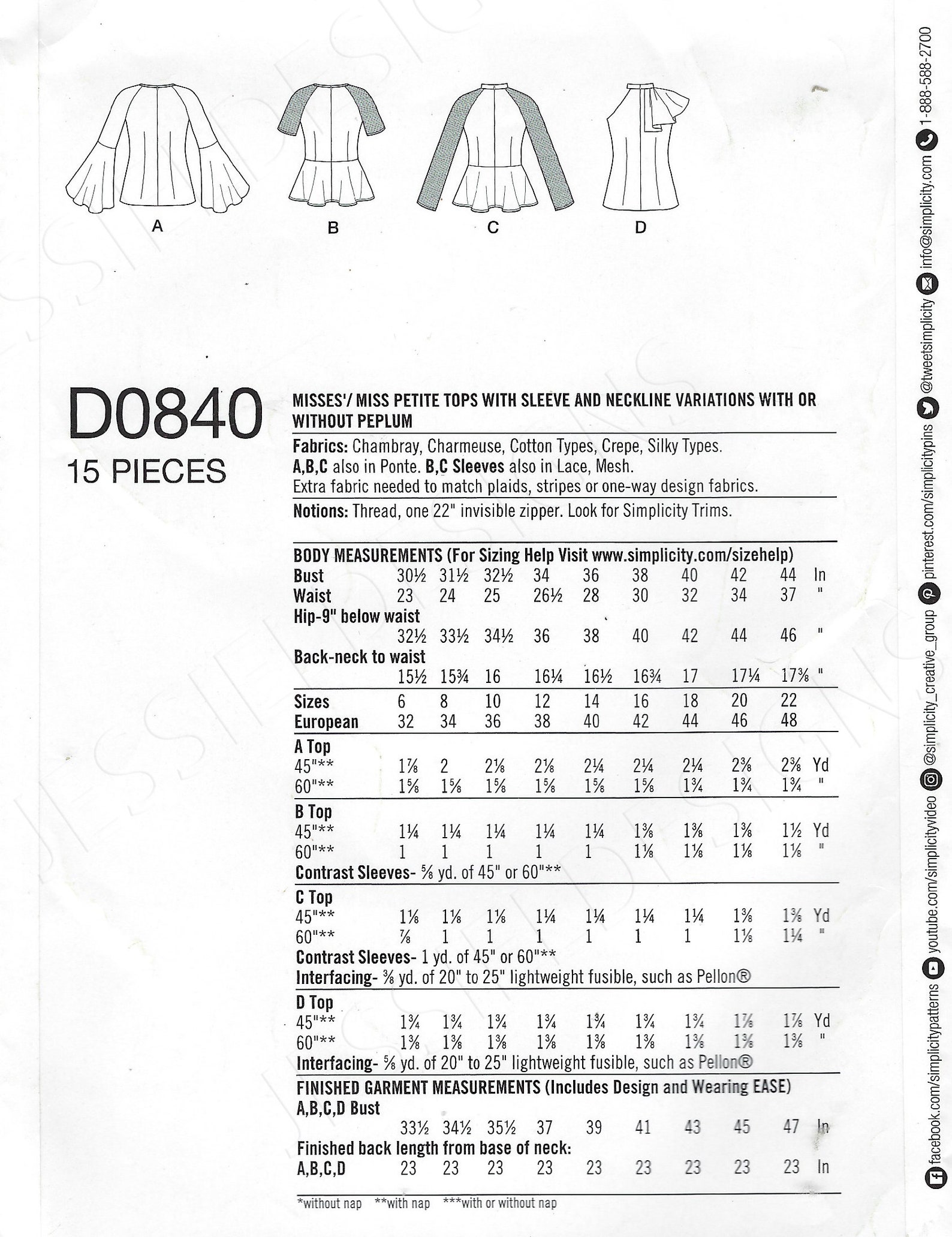 Uncut Simplicity Sewing Pattern 0840 8512 Tops SLEEVE/NECKLINE - Etsy