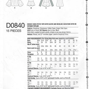 Uncut Simplicity Sewing Pattern 0840 8512 Tops SLEEVE/NECKLINE ...