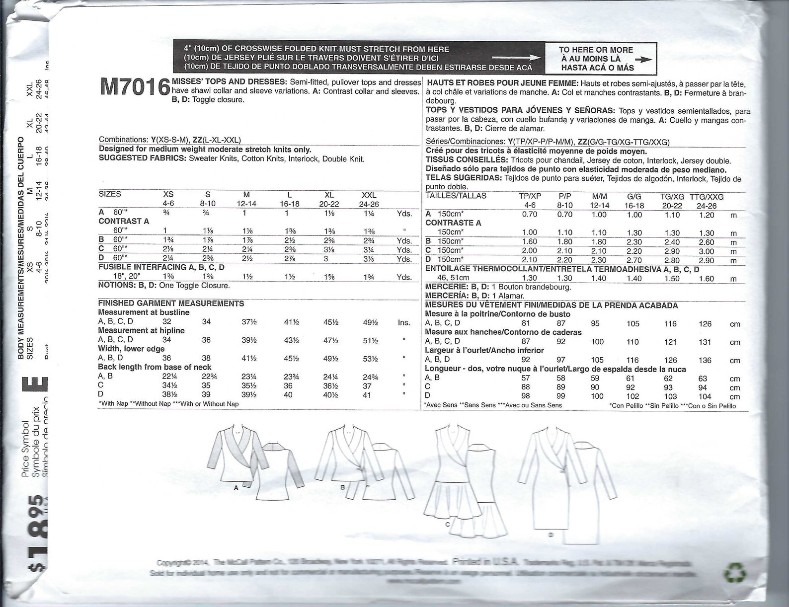 Uncut Mccalls Sewing Pattern 7016 SHAWL Collar Pullover Tops - Etsy