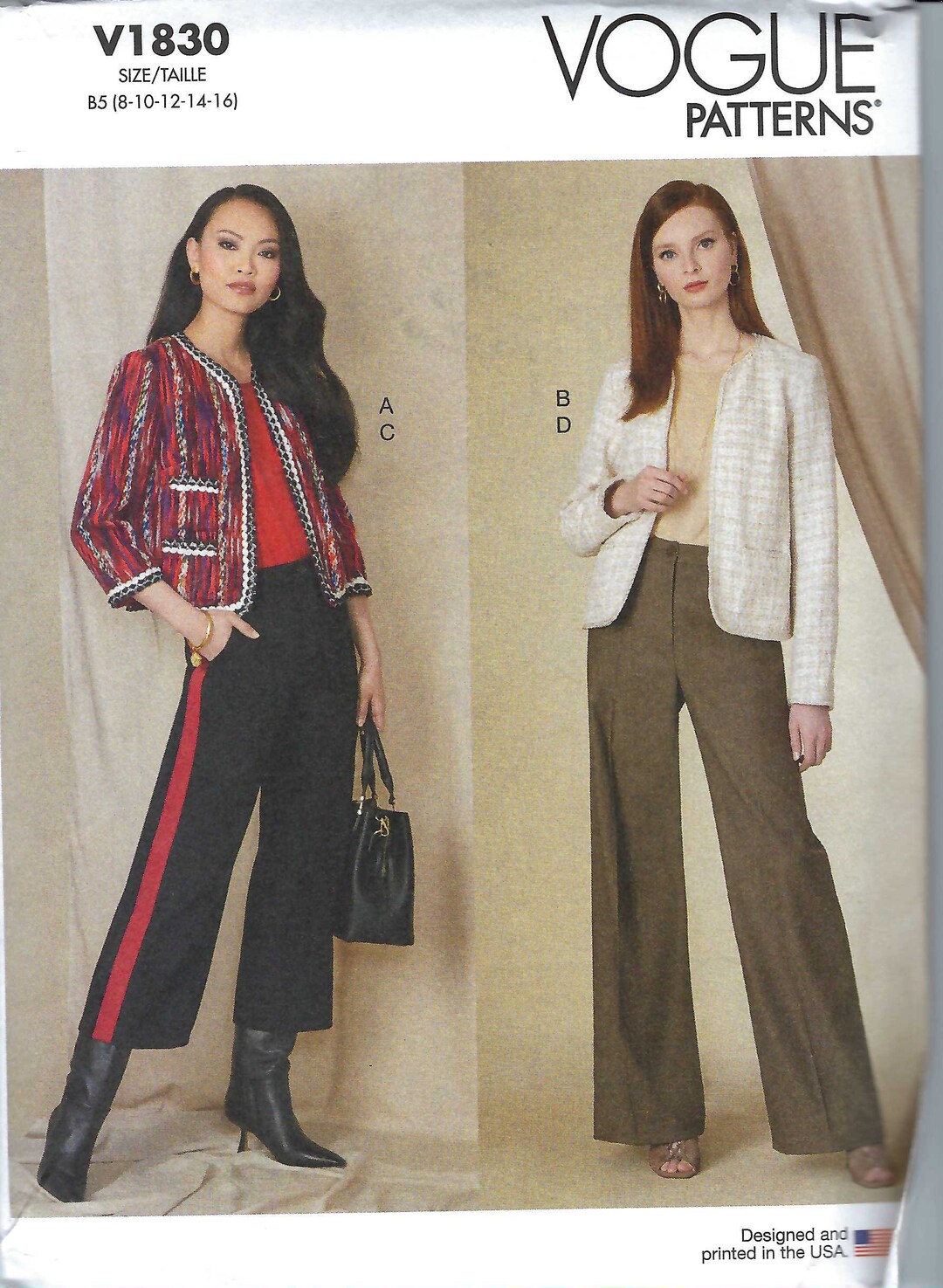 Uncut Vogue Sewing Pattern 1830 Misses JACKET & PANTS Sz 8-16 or 16-24 ...