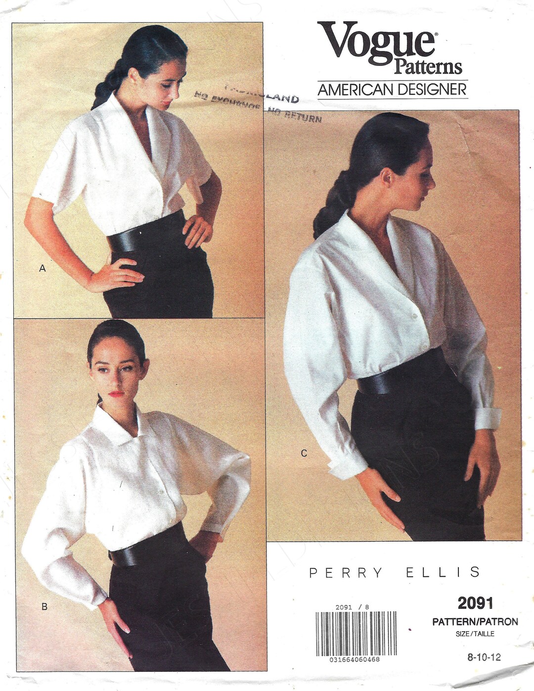 Uncut Vintage Vogue Sewing Pattern 2091, Perry Ellis Blouse, Misses ...