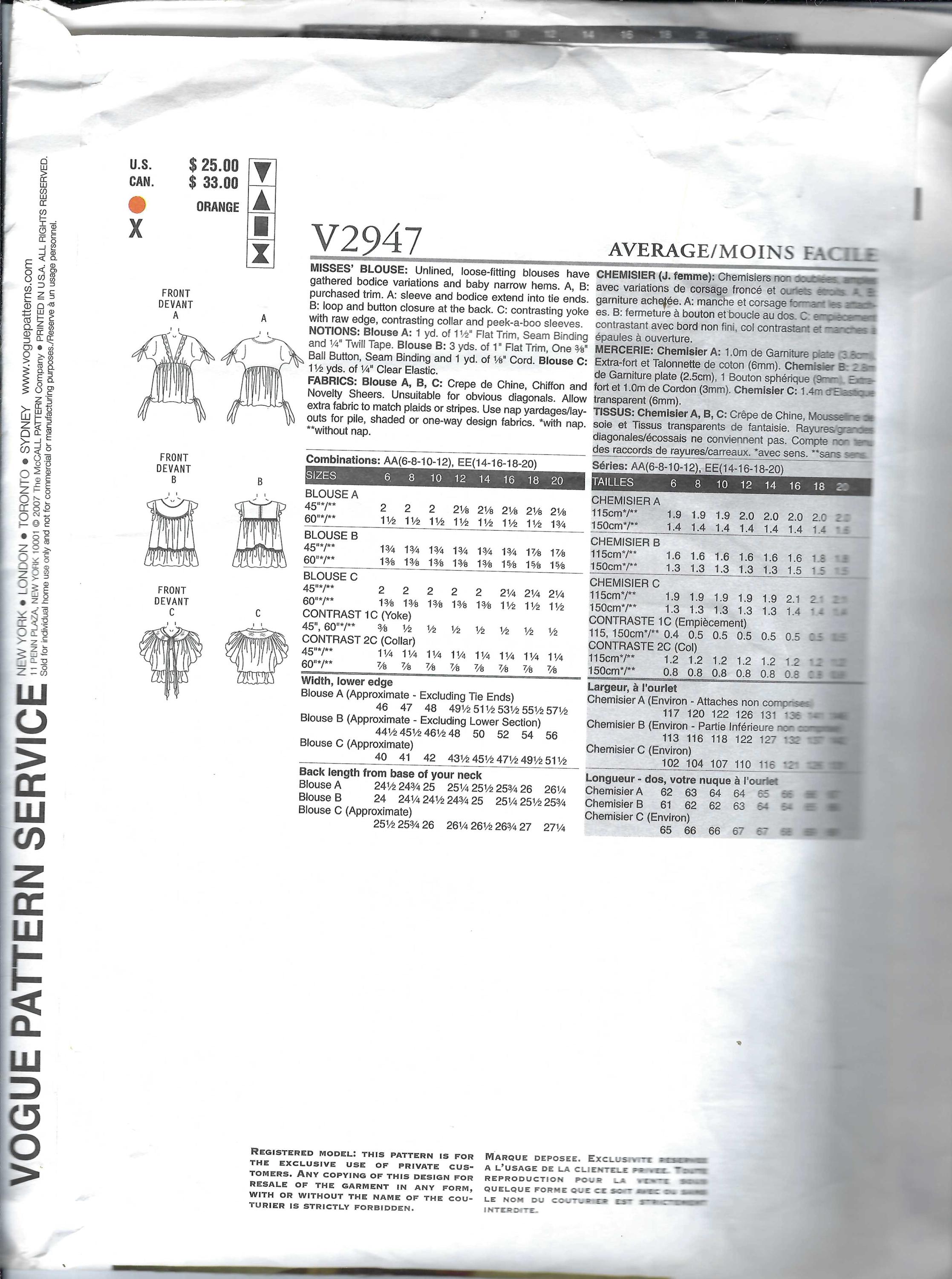 Uncut Vogue Sewing Pattern 2947 Anna Sui Summer Babydoll Blouse Tops ...