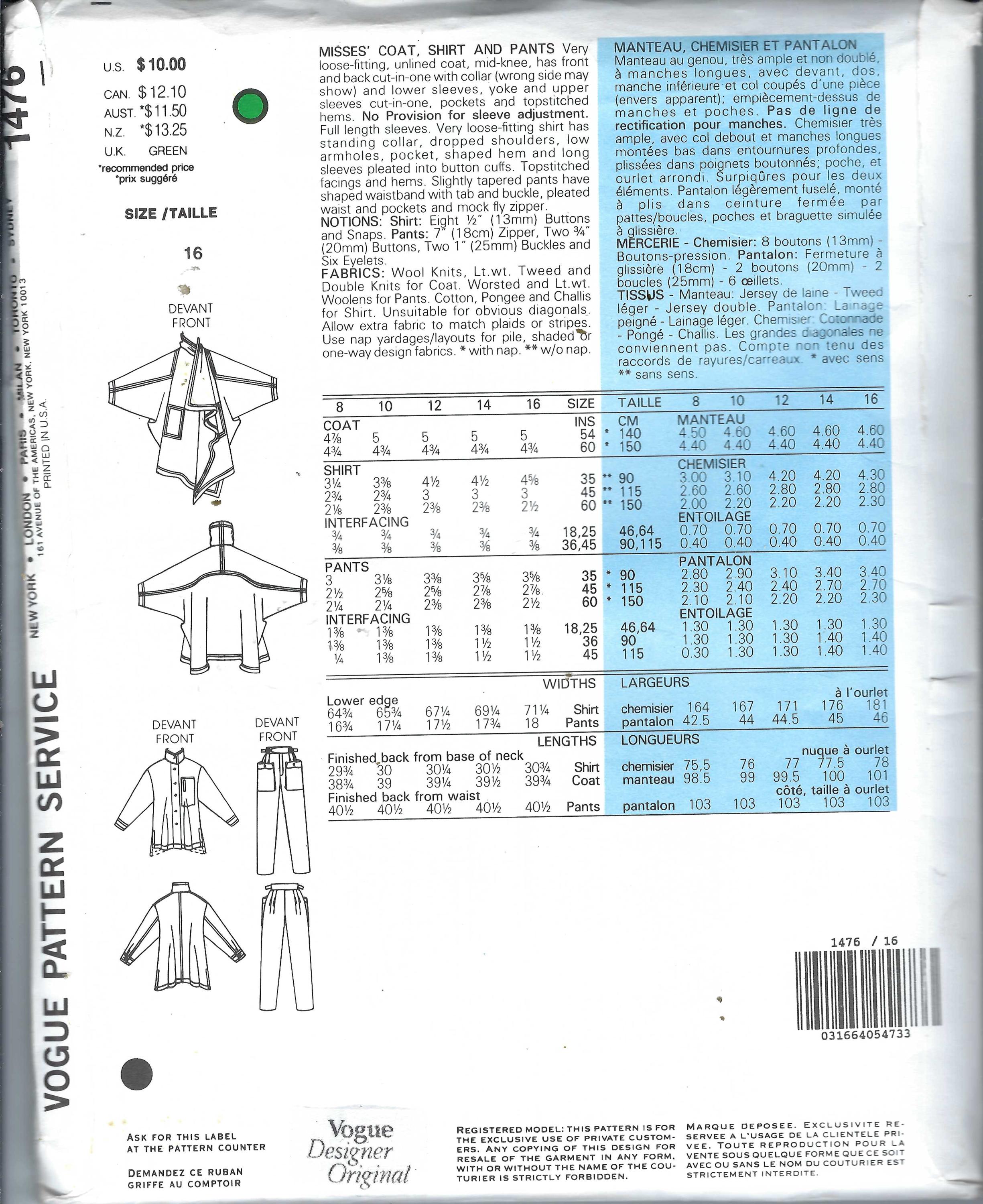 Uncut Vogue Sewing Pattern 1476 ISSEY MIYAKE Wrap Coat, Shirt, Pants ...