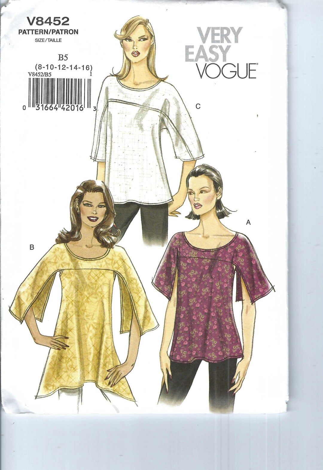 Uncut Vogue Sewing Pattern 8452 Womens Pullover Tunic Top Sleeve Var ...