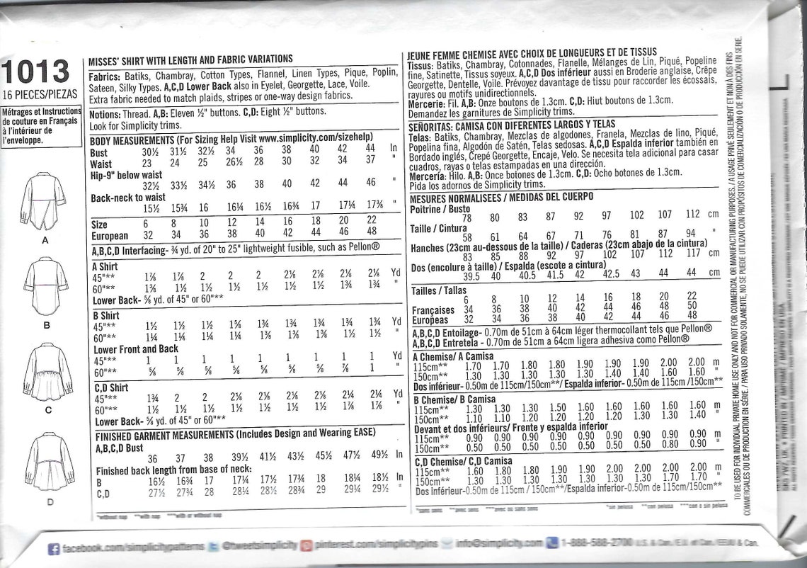 Uncut Simplicity Sewing Pattern 1013 Misses Buton Front Shirts Sizes 6 ...