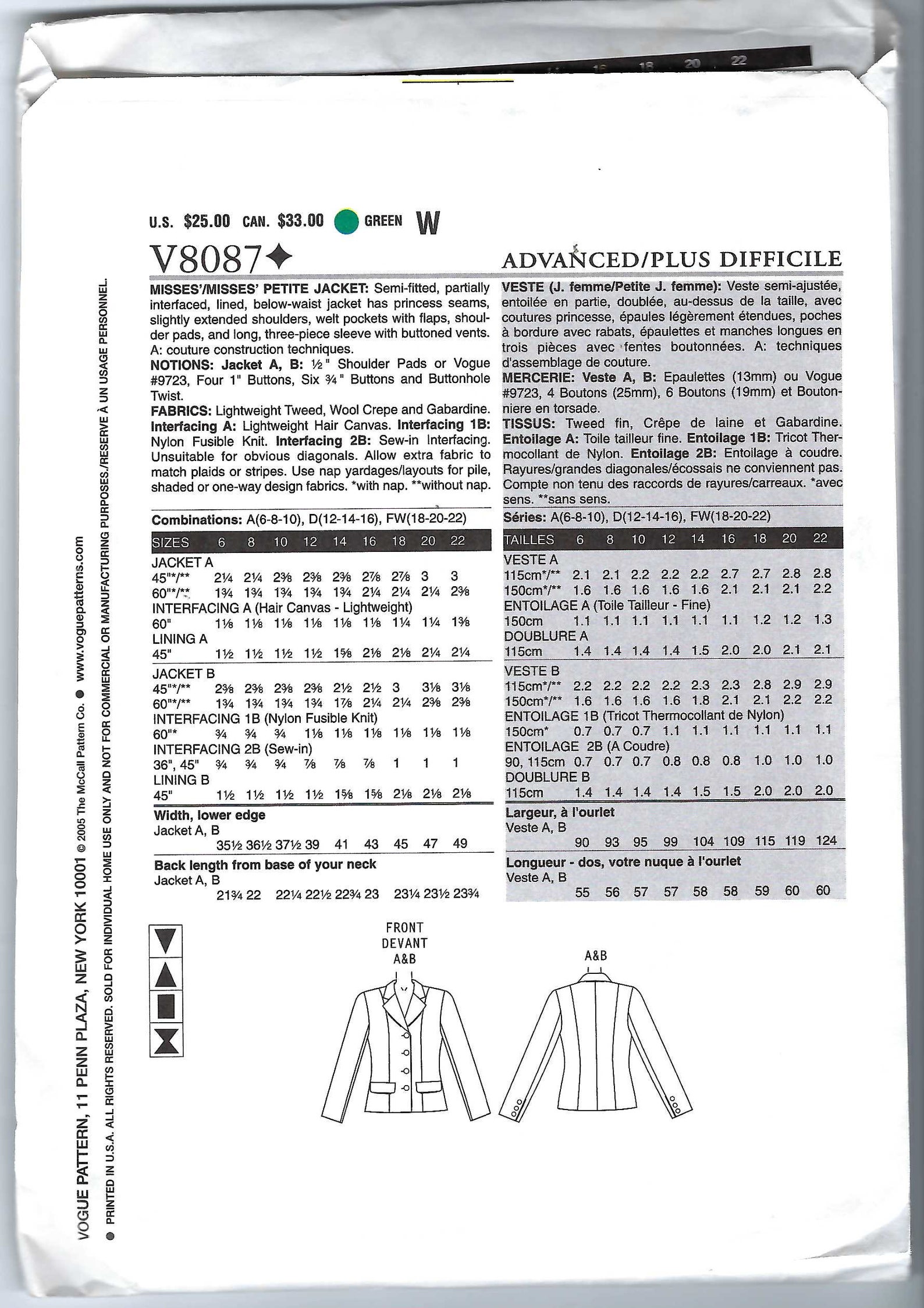 Rare Uncut Vogue Sewing Pattern 8087 Claire Shaeffer Jacket Pattern ...