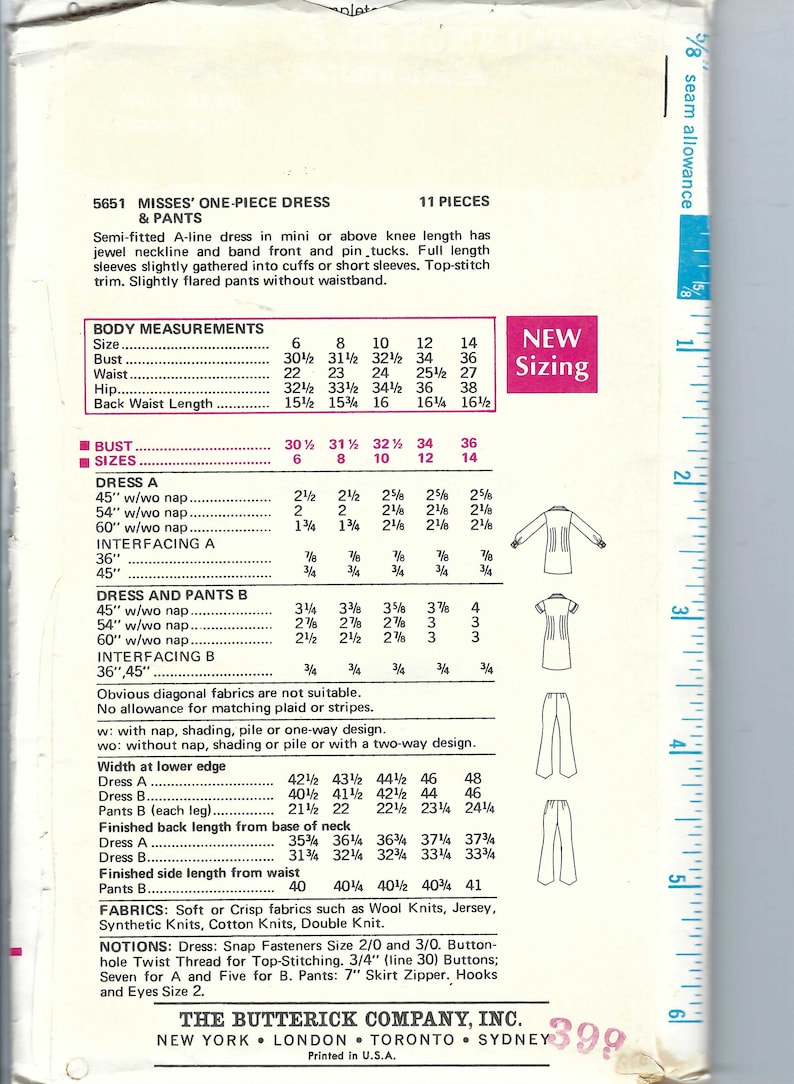 Uncut Vintage Butterick Sewing Pattern 5651 Sewing Pattern Size 10 One ...
