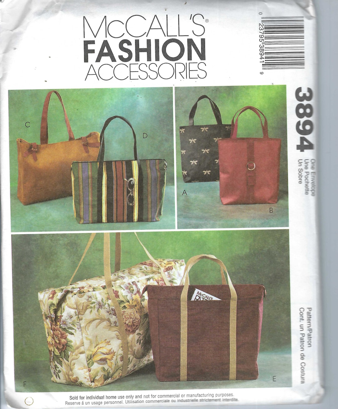 Uncut Mccall Sewing Pattern 3894 Purse, TOTE BAGS Overnight FF - Etsy