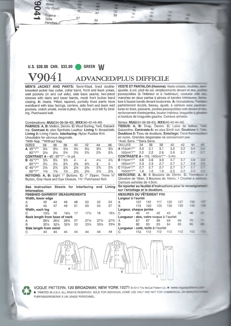 Uncut Vogue Sewing Pattern 9041 Men's Jacket & Pants | Etsy