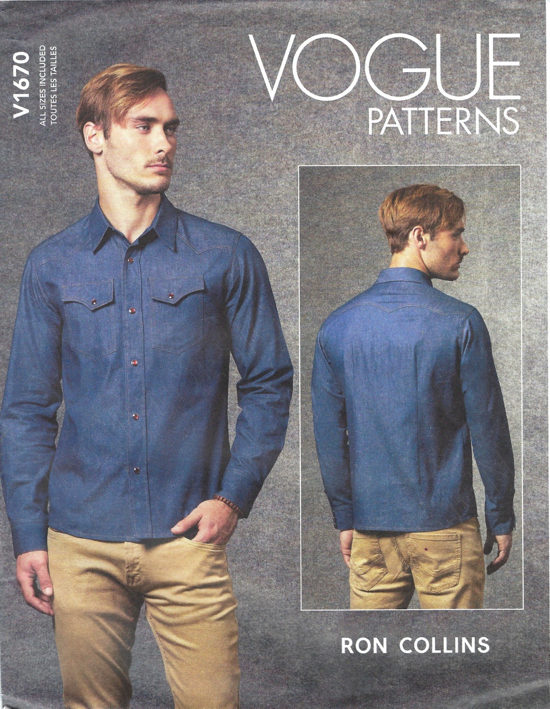 Uncut Vogue Sewing Pattern 1670 Ron Collins, Semi Fitted Shirt Has Snap ...