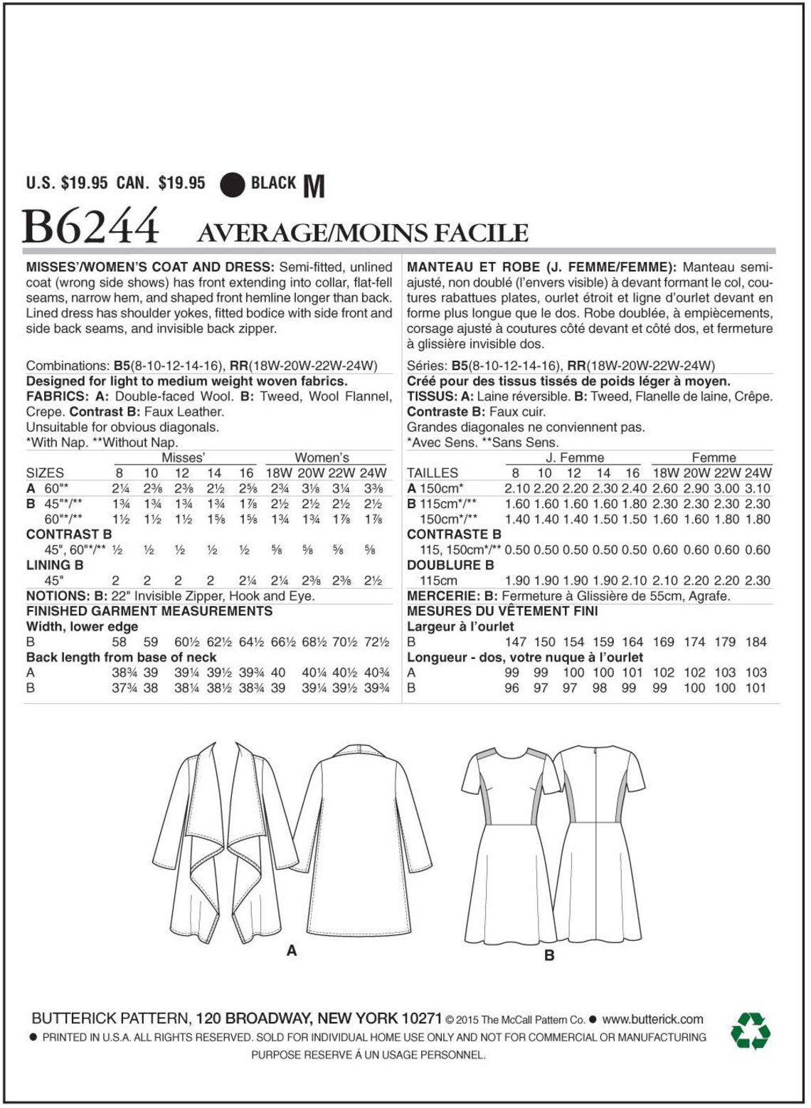 Uncut Butterick Sewing Pattern 6244 for Womens Coat & Dress Draped ...