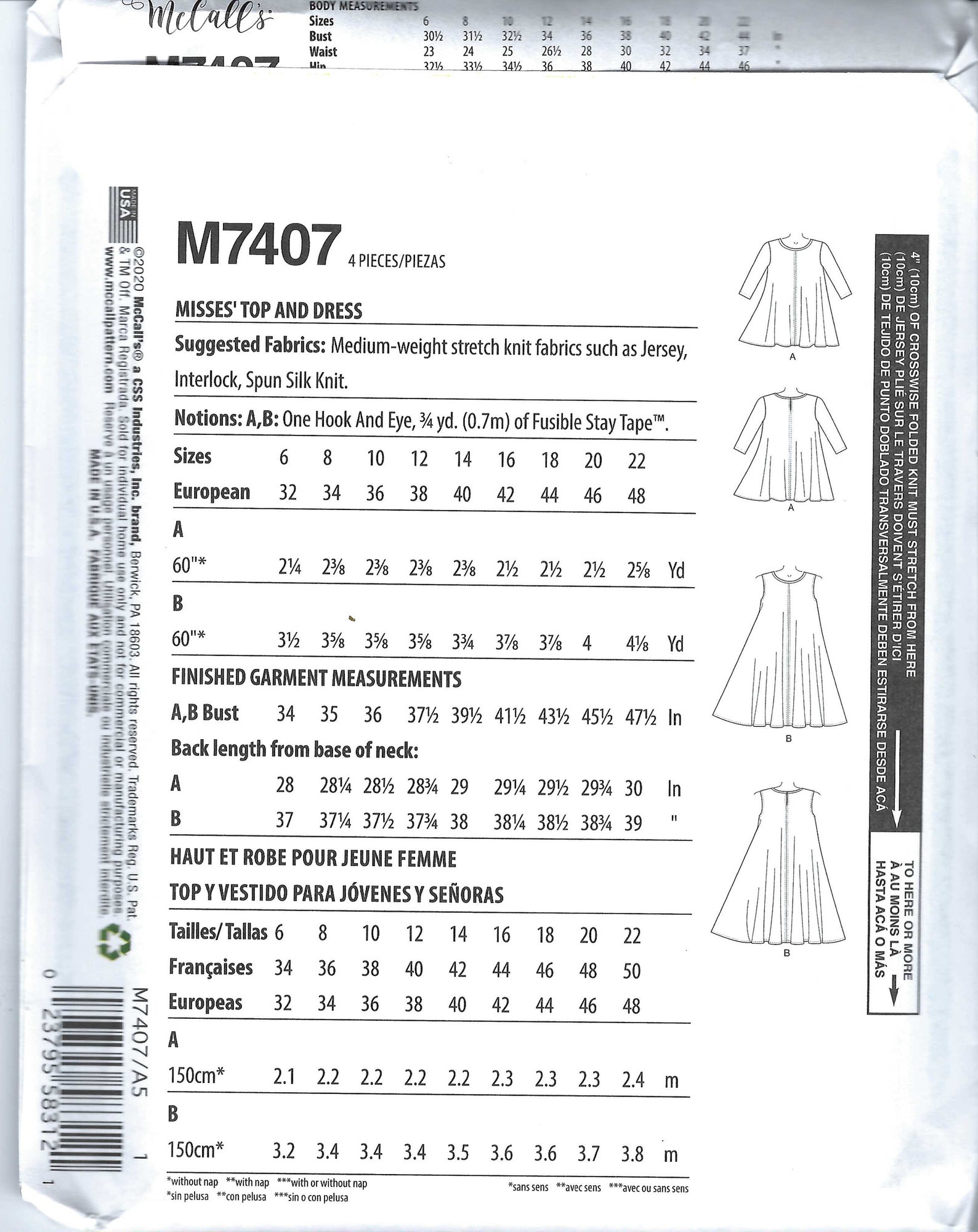Uncut Mccall's 7407 Misses' Flared Knit Top and Dress Sizes: A5 6-8-10 ...