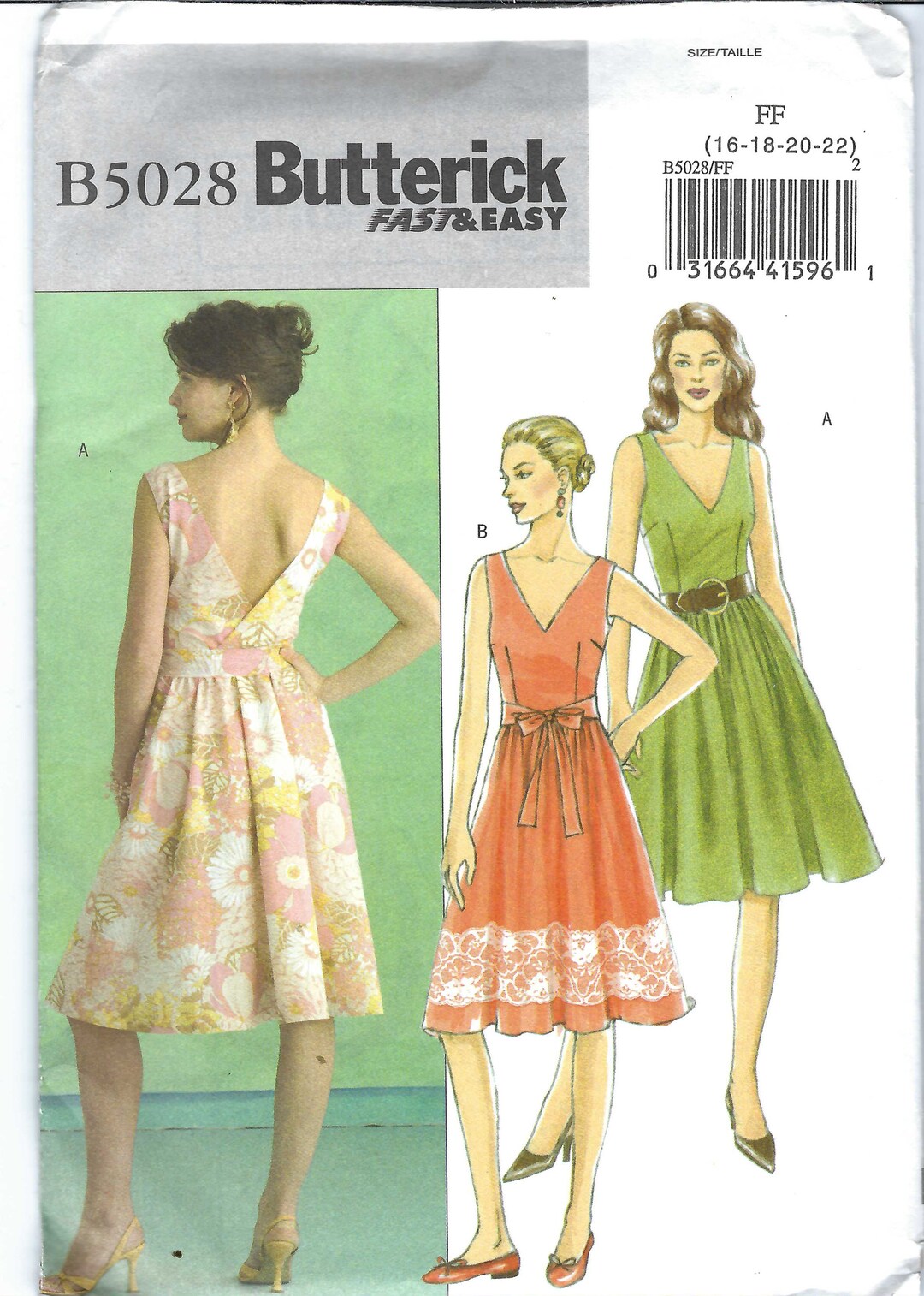 Uncut Butterick Sewing Pattern Dresses and Belt, Sleeveless Deep V-back ...