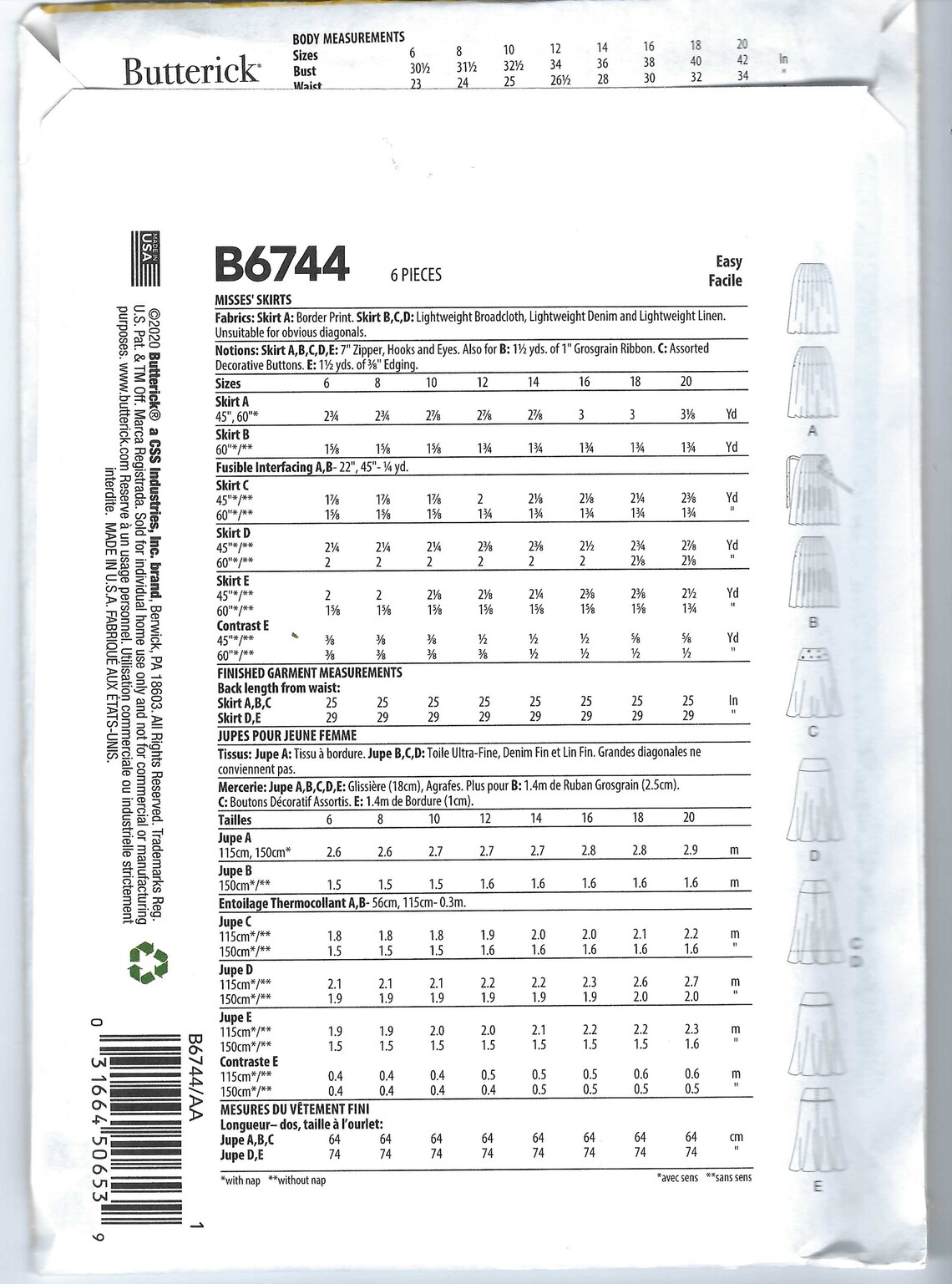 Uncut Butterick Sewing Pattern 6744 Skirt Size US 6-8-10-12 - Etsy