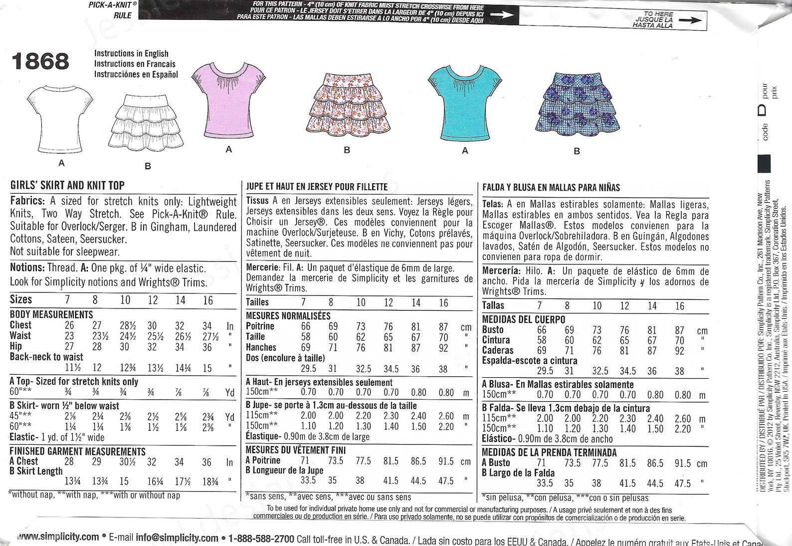 Uncut Simplicity Sewing Pattern 1868 Little Girls Stretch - Etsy