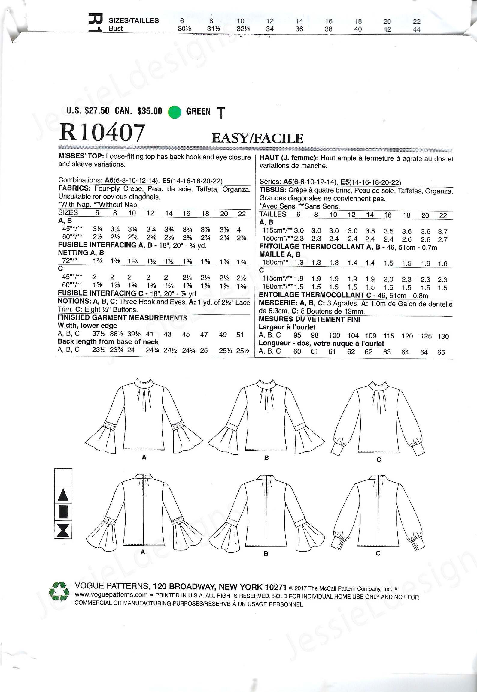 Uncut Vogue Sewing Pattern 10407 9285 Misses Tops Loose - Etsy