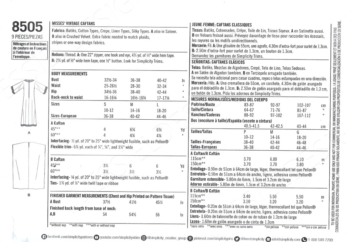 Uncut Simplicity Sewing Pattern 8505 Misses' 1970s Vintage Caftans in ...