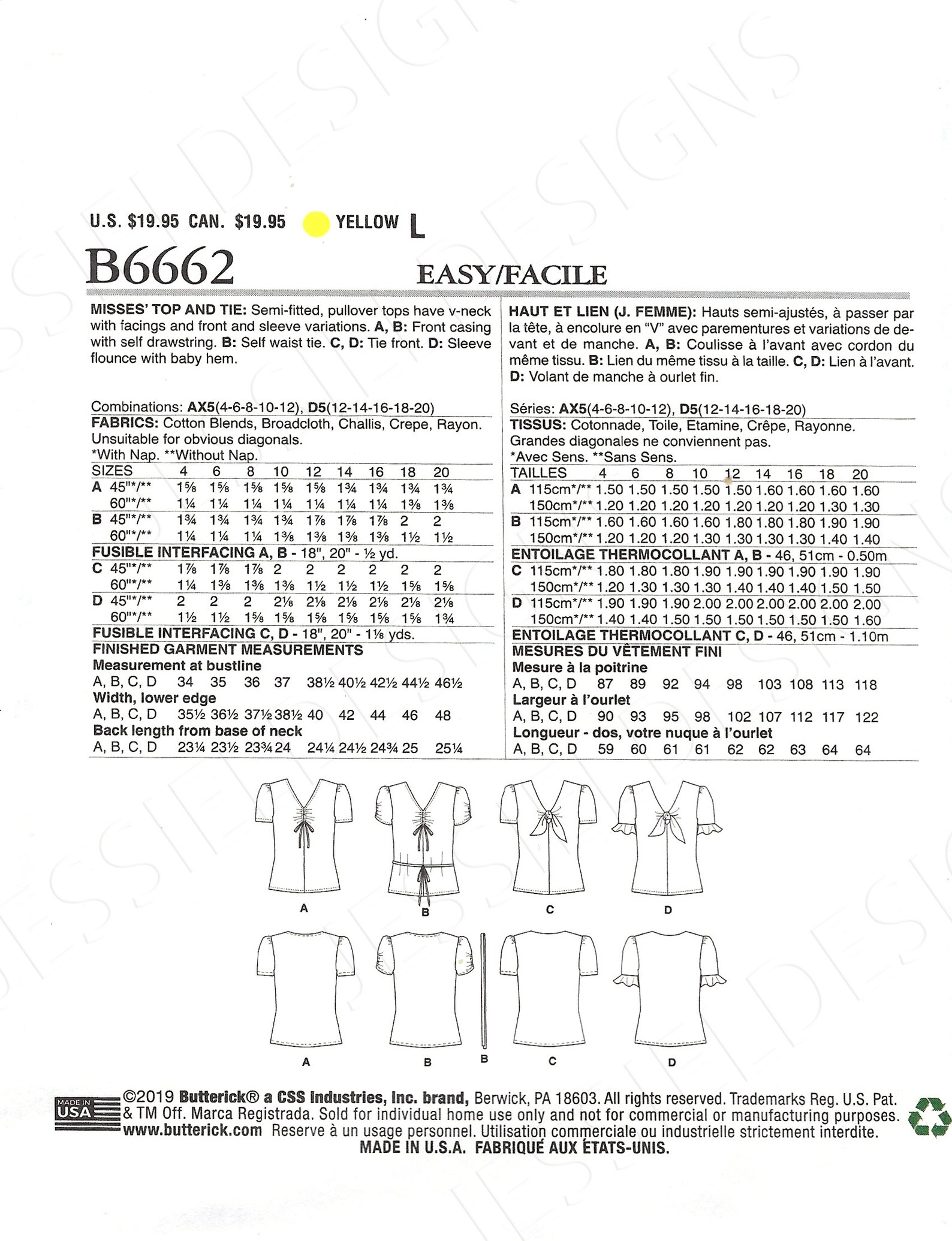Uncut Butterick Sewing Pattern B6662 6662 Misses' Top and | Etsy