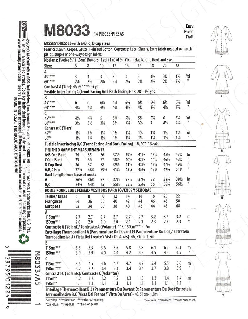 Uncut Mccall's Sewing Pattern M8033 8033 Sophia Misses' Dresses Size 6 ...